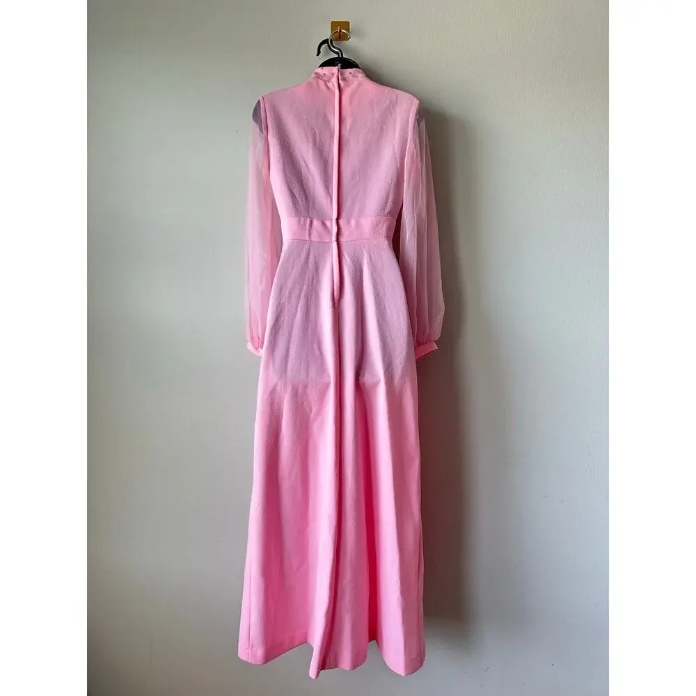 jcpenney | Dresses | Vintage 7s Pink Mod Maxi Dress Sheer Sleeves ...